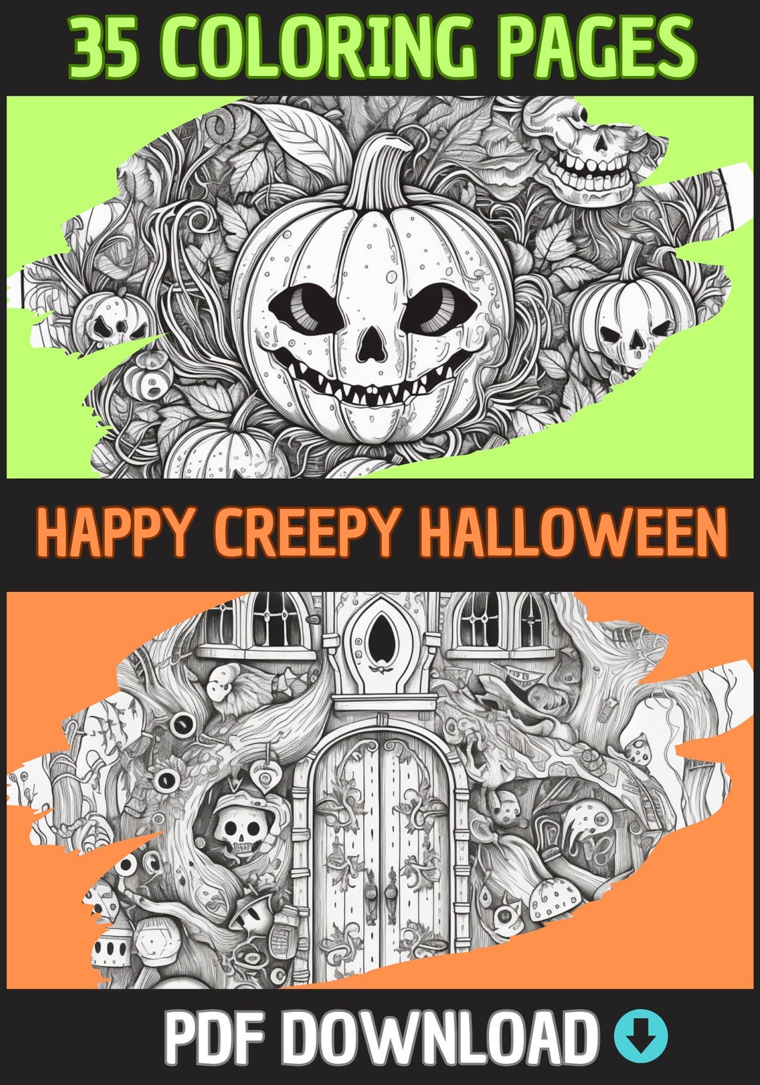 Happy Creepy Halloween Coloring Pages 35 Pages Adult Etsy