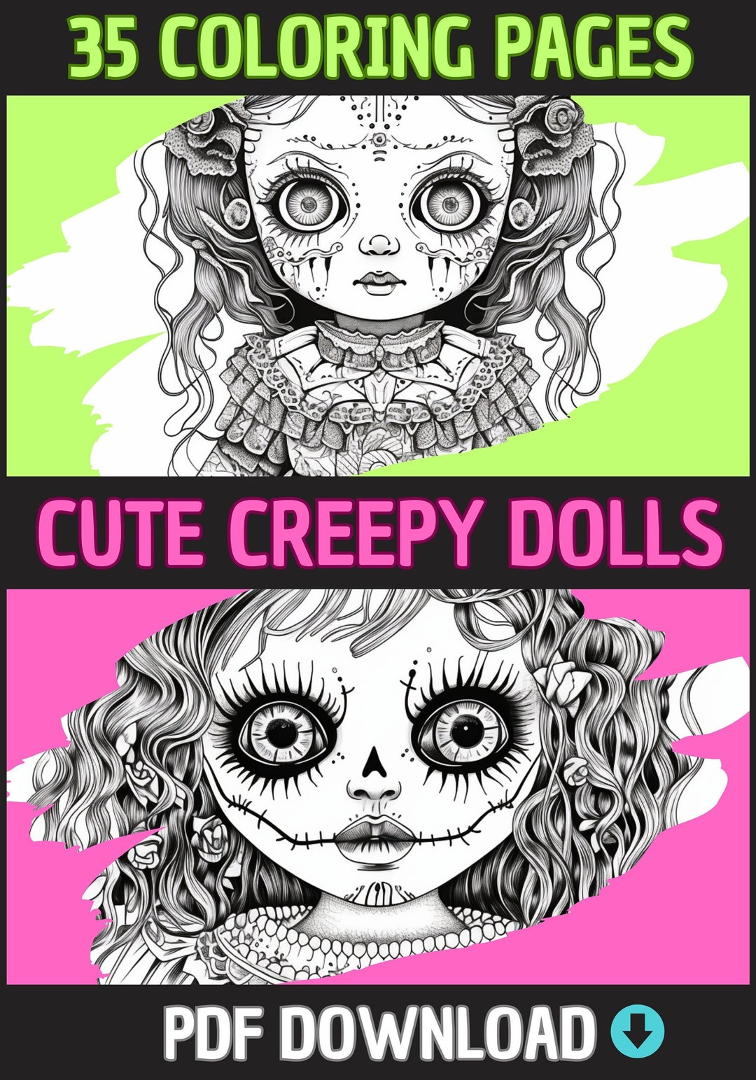 Creepy Dolls Coloring Pages 35 Pages Adult Coloring Book By Etsy