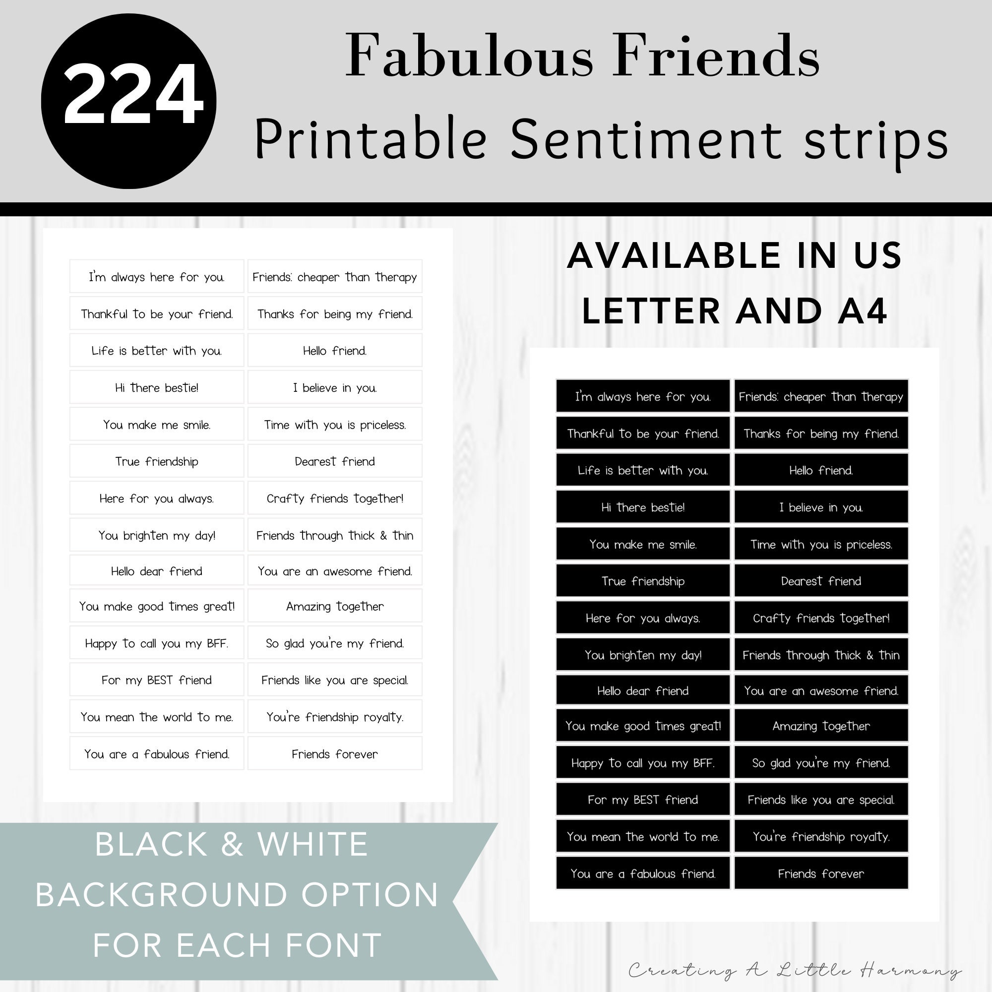 Printable Friendship Sentiment Strips, Black and White Sentiment Strips ...