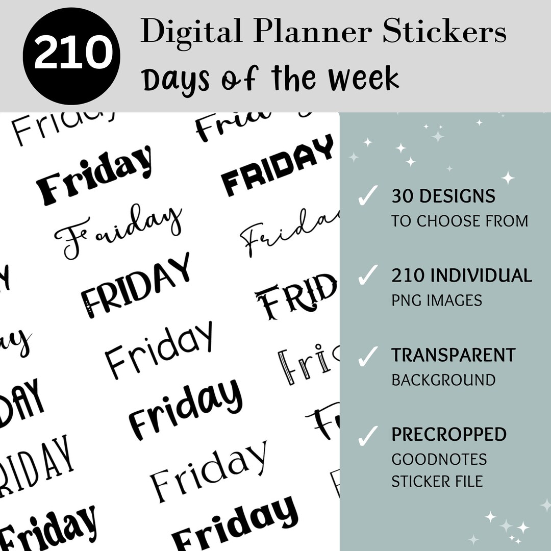 210 Days of the Week Digital Stickers | Digital Stickers for Planners ...