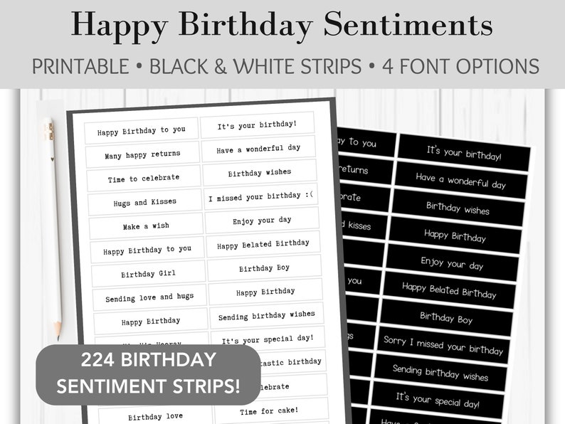 Printable Birthday Sentiment Strips | Black and White Sentiment Strips ...