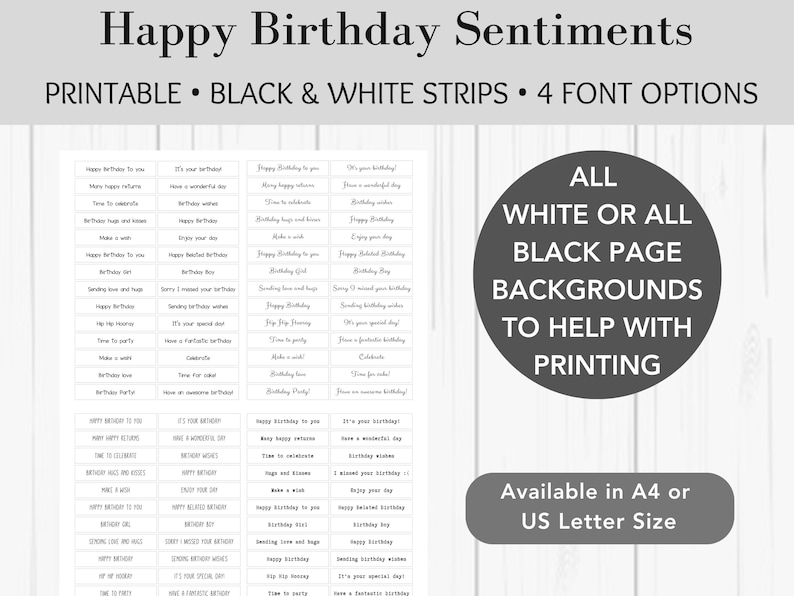 Printable Birthday Sentiment Strips | Black and White Sentiment Strips ...