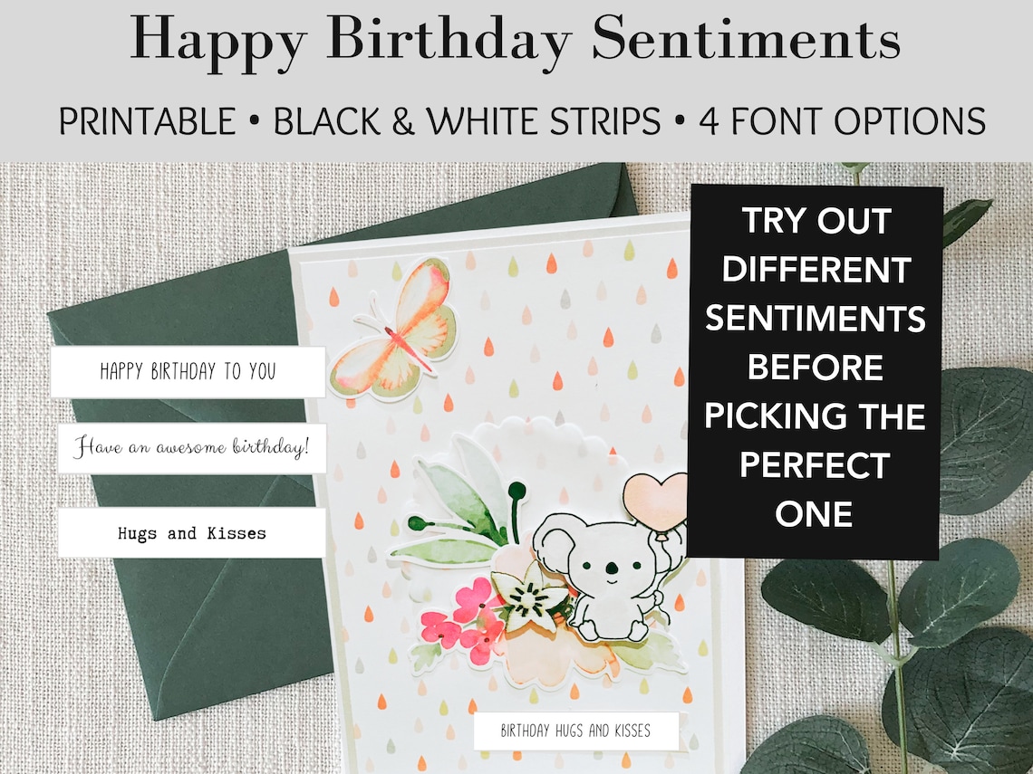 Printable Birthday Sentiment Strips | Black and White Sentiment Strips ...