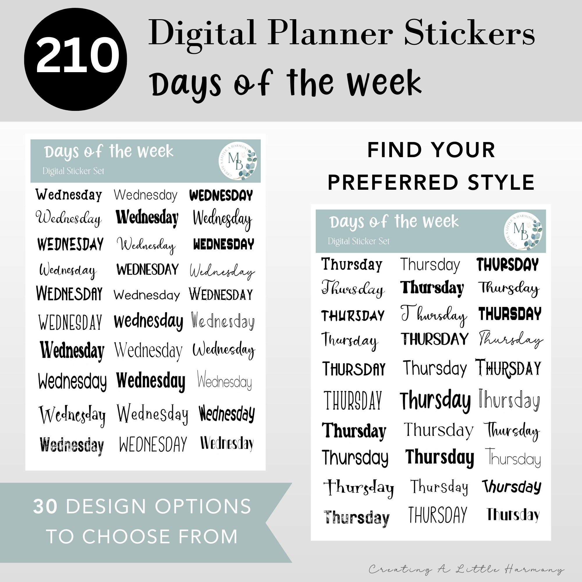 210 Days of the Week Digital Stickers | Digital Stickers for Planners ...