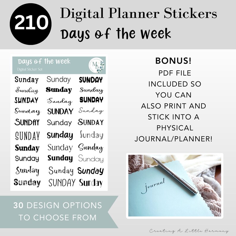 210 Days of the Week Digital Stickers | Digital Stickers for Planners ...