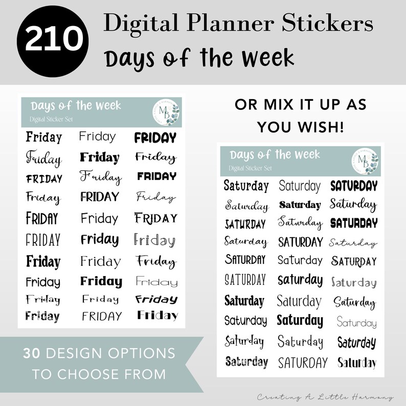 210 Days of the Week Digital Stickers | Digital Stickers for Planners ...