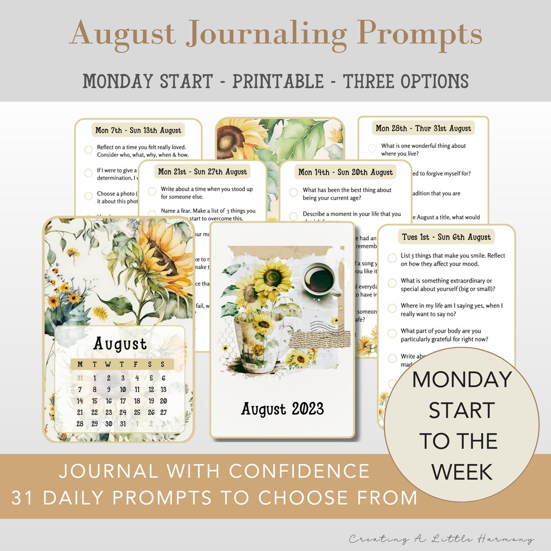 August Journaling Prompts MONDAY Start daily Journal Prompts Printable ...