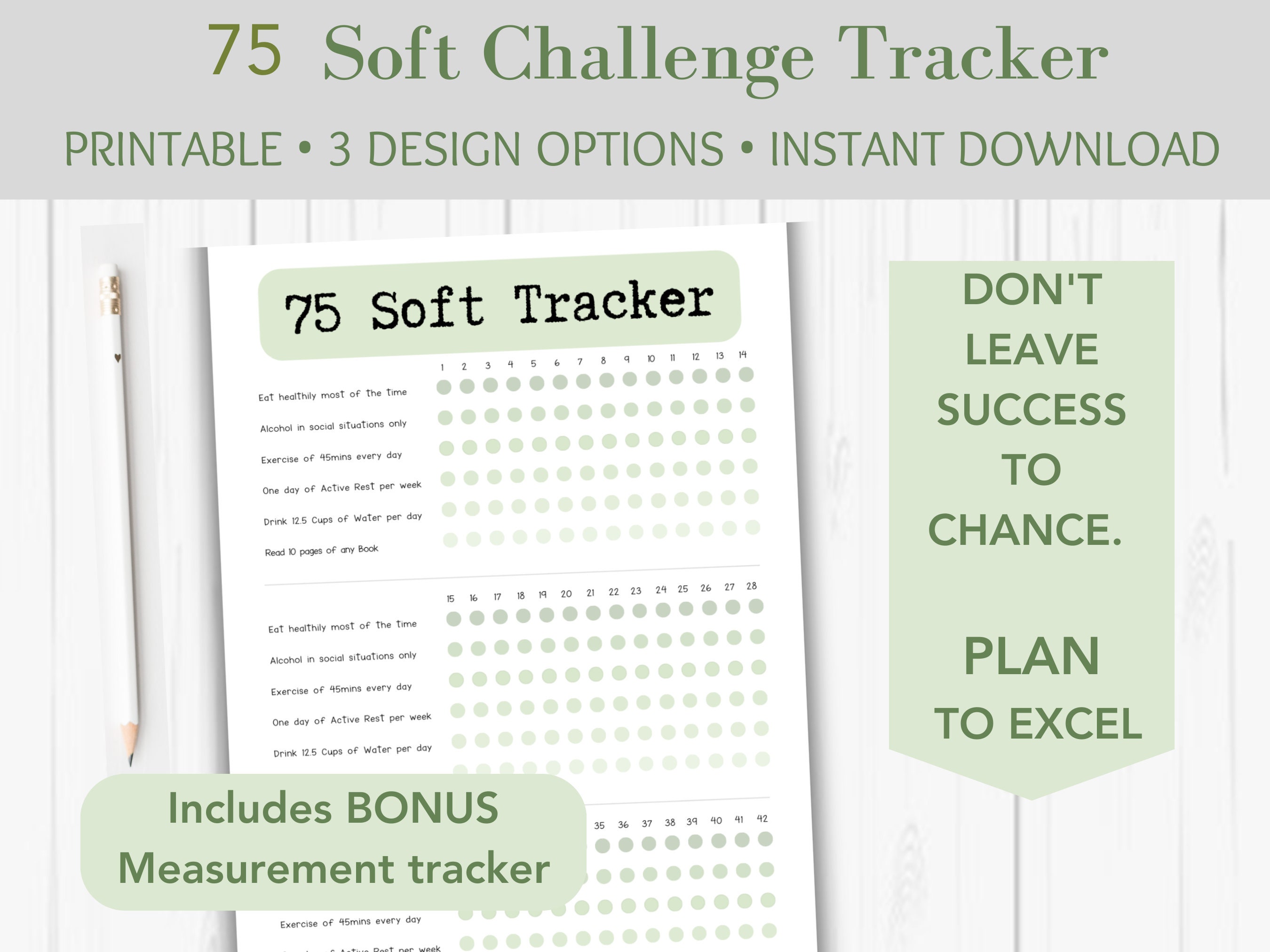 Calming Green 75 Soft Challenge Tracker 75 Soft Checklist Habit Tracker ...