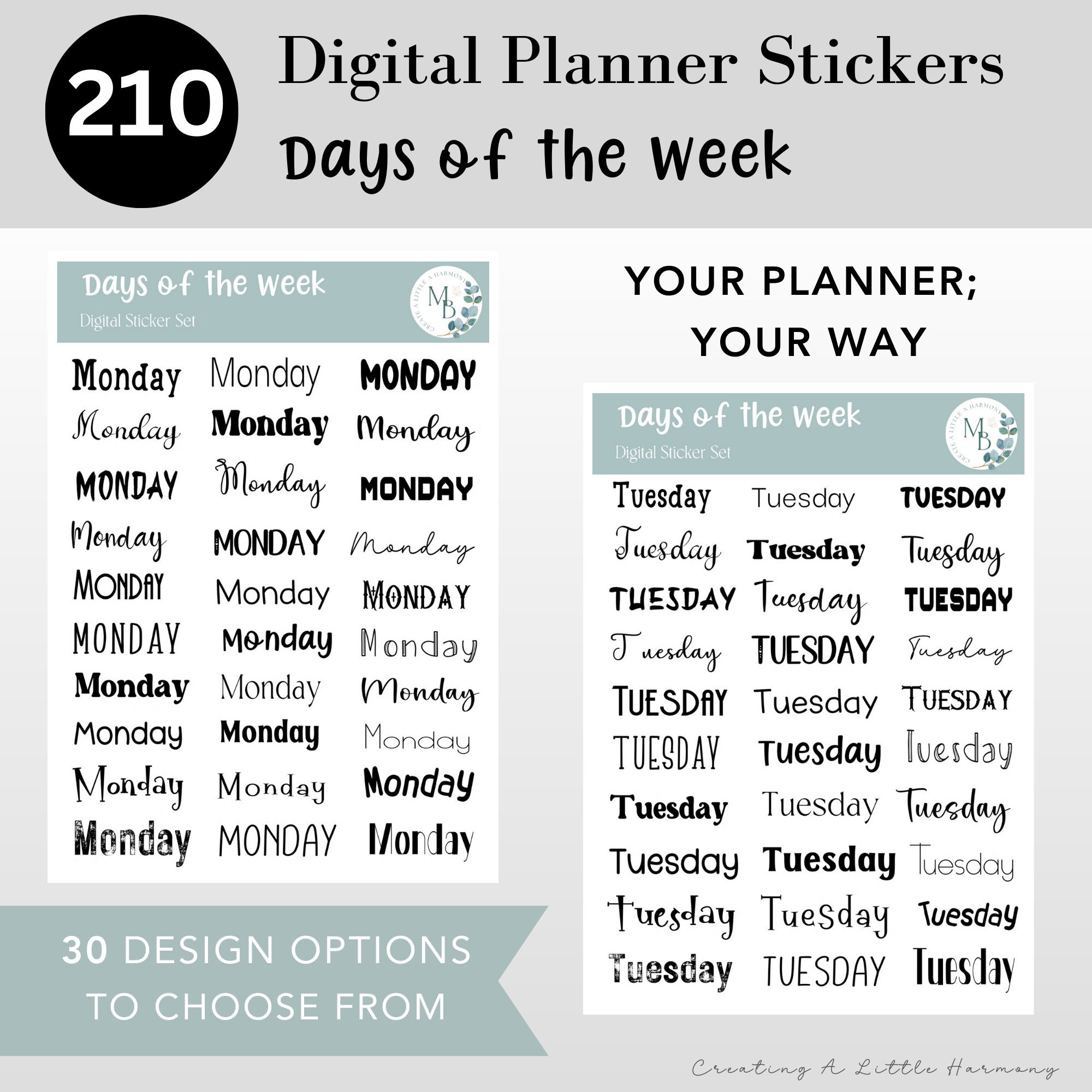 210 Days of the Week Digital Stickers | Digital Stickers for Planners ...