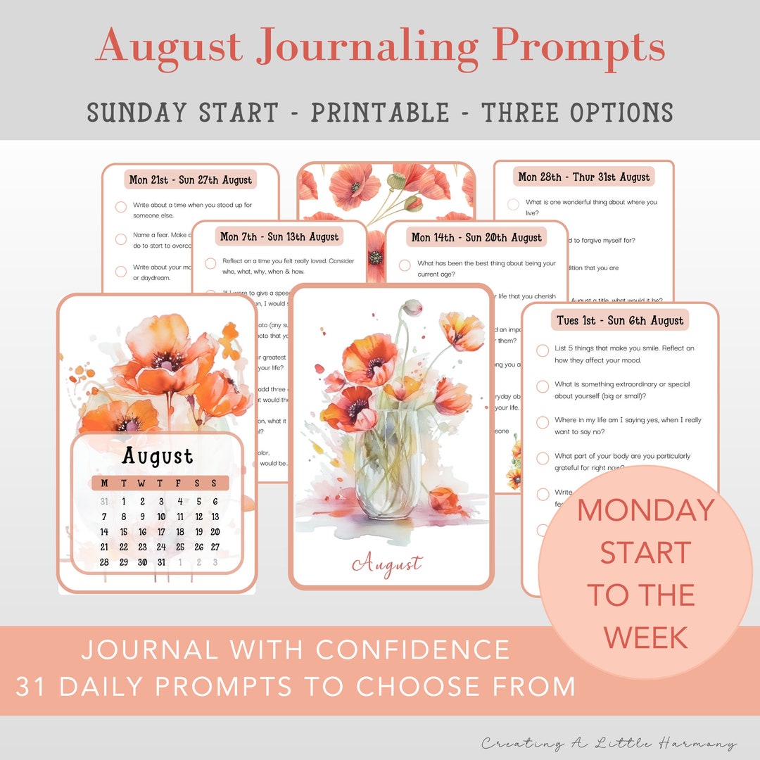 Printable Journaling Prompts | Daily Journal Prompts | August ...