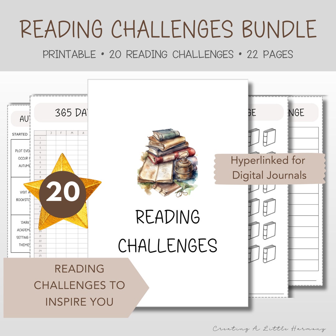20 Book Challenges for Reading Journals BUNDLE, Hyperlinked for Digital ...