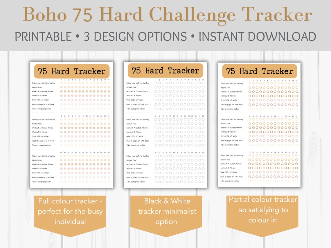 75 Hard Challenge Tracker Boho 75 Hard 75 Hard Challenge Checklist ...