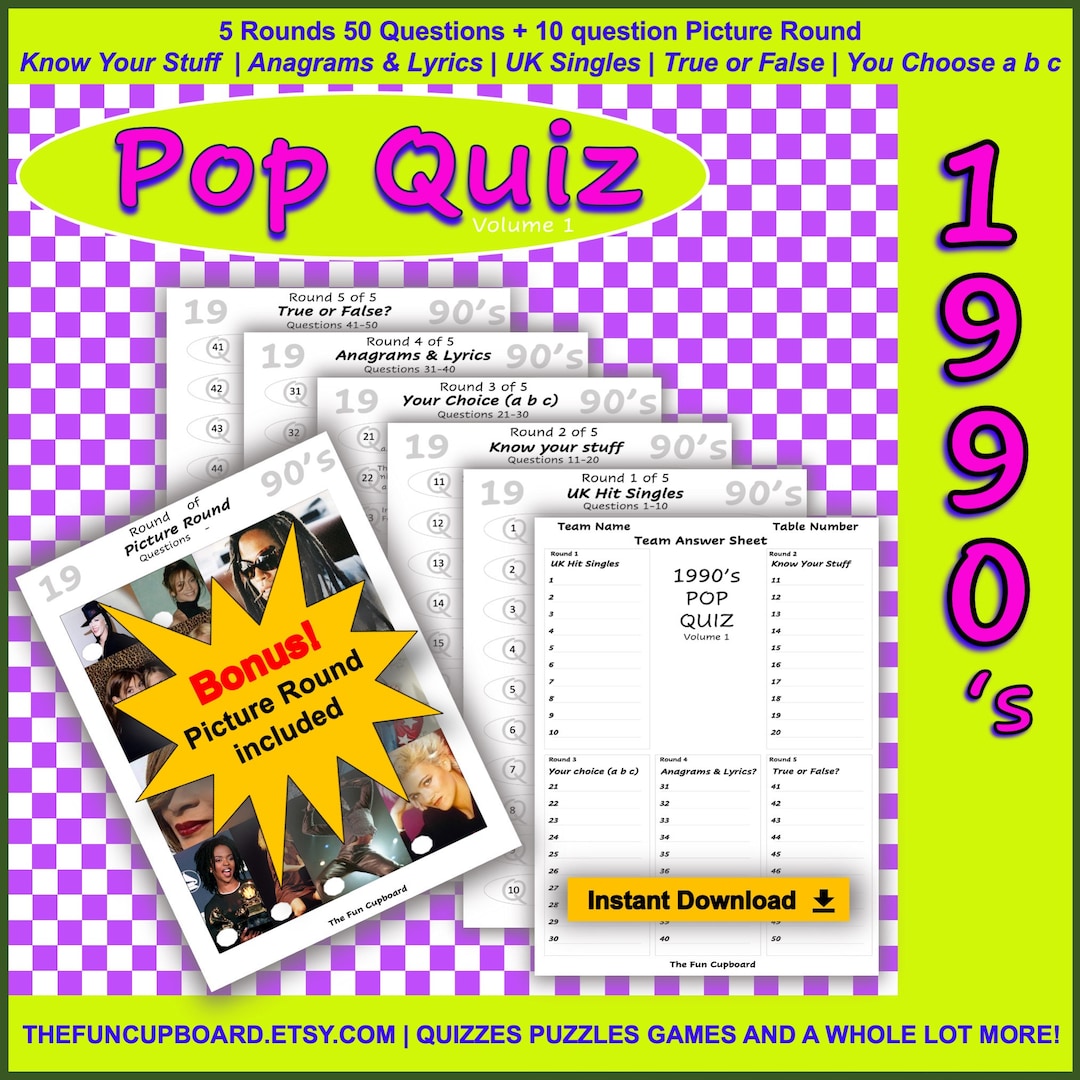 Printable 1990s Pop Music Trivia Quiz—download Instantly for Party Fun ...