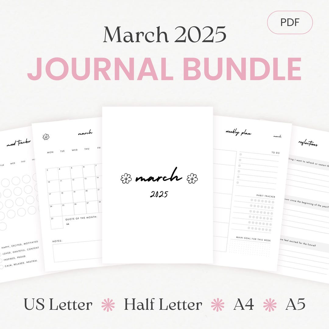 Minimalist March 2025 Journal Bundle Printable March PDF Planner March ...