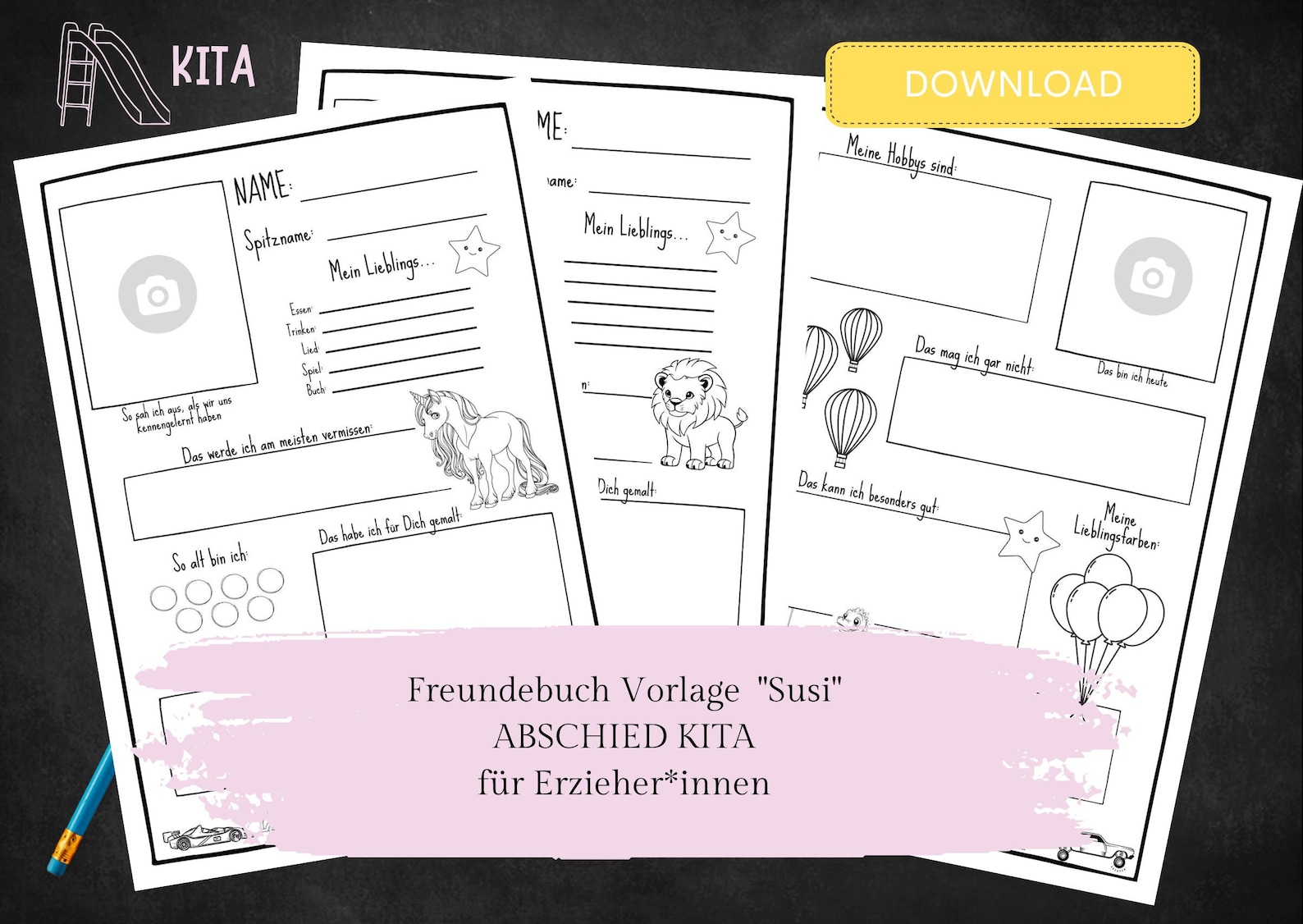 KITA - Freundebuch Vorlage "Susi" zum Abschied von der Kita. 3 Seiten ...