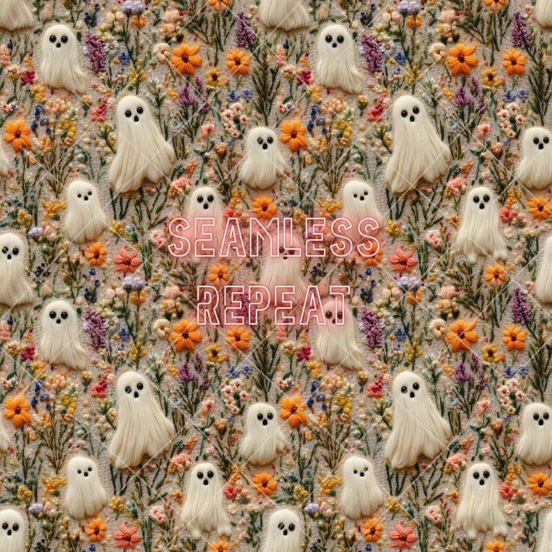3D Fall Flowers Ghosts Faux Embroidery Seamless Pattern Digital Paper ...
