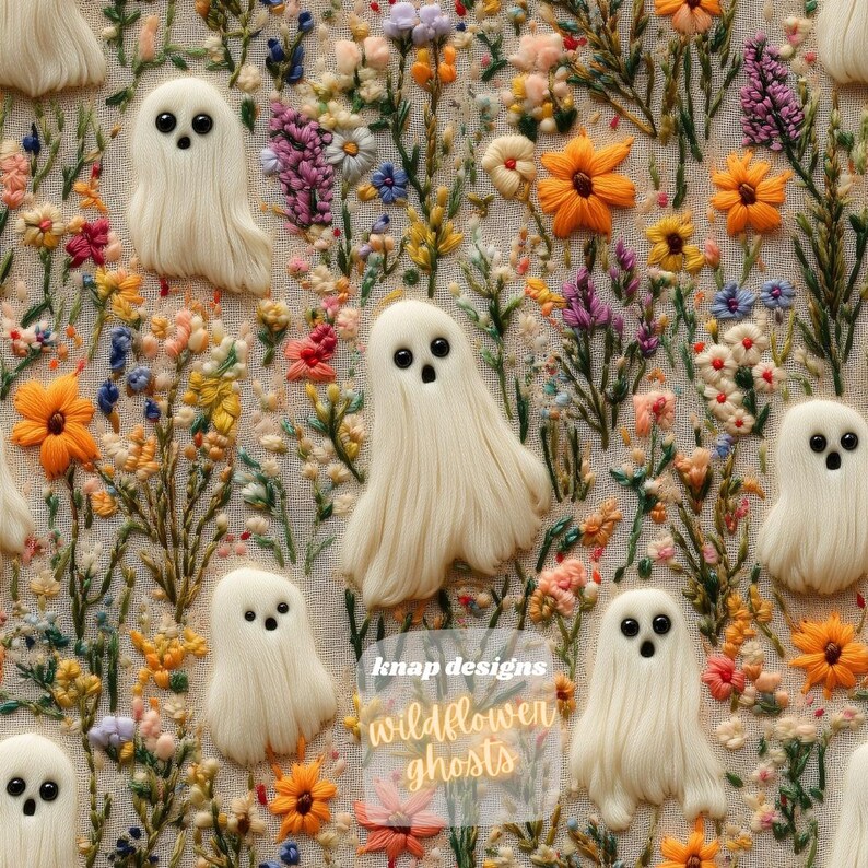 3D Fall Flowers Ghosts Faux Embroidery Seamless Pattern Digital Paper ...