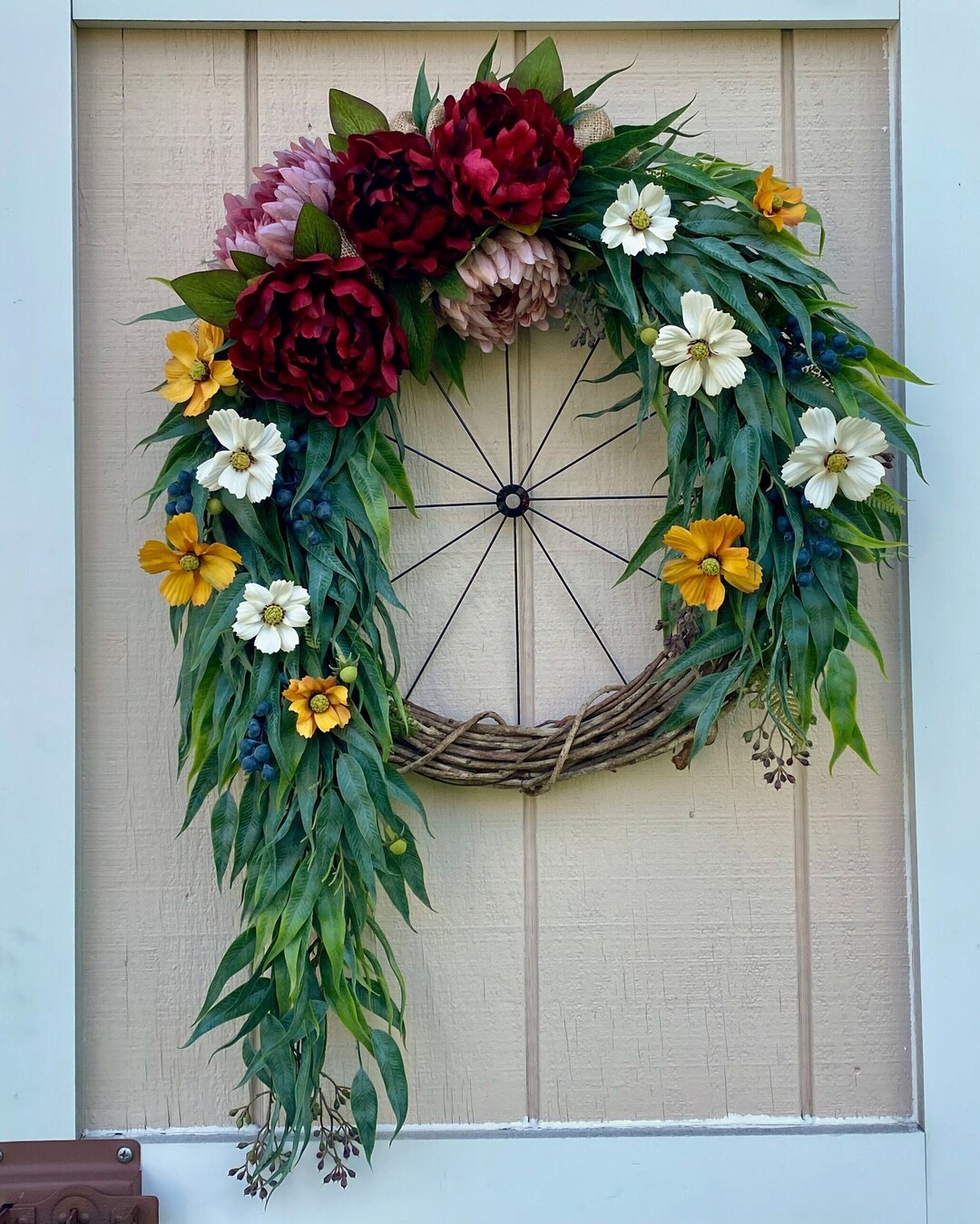 Trailing Eucalyptus, Fern, Red Peony, Blush Mum, Blueberry, Yellow ...