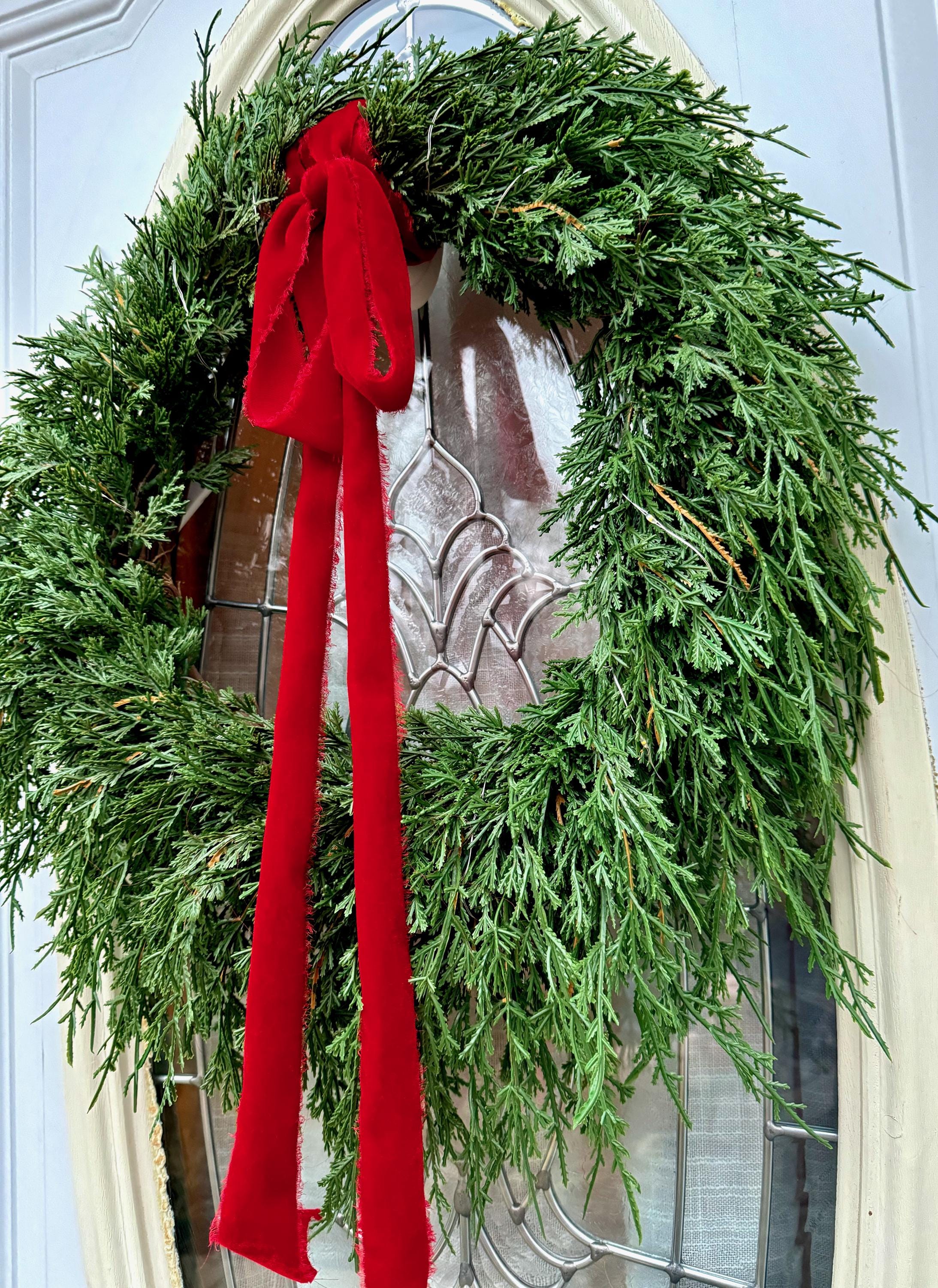 Draping Cedar Wreath With Red Velvet Ribbon & Fairy Lights, Cedar ...