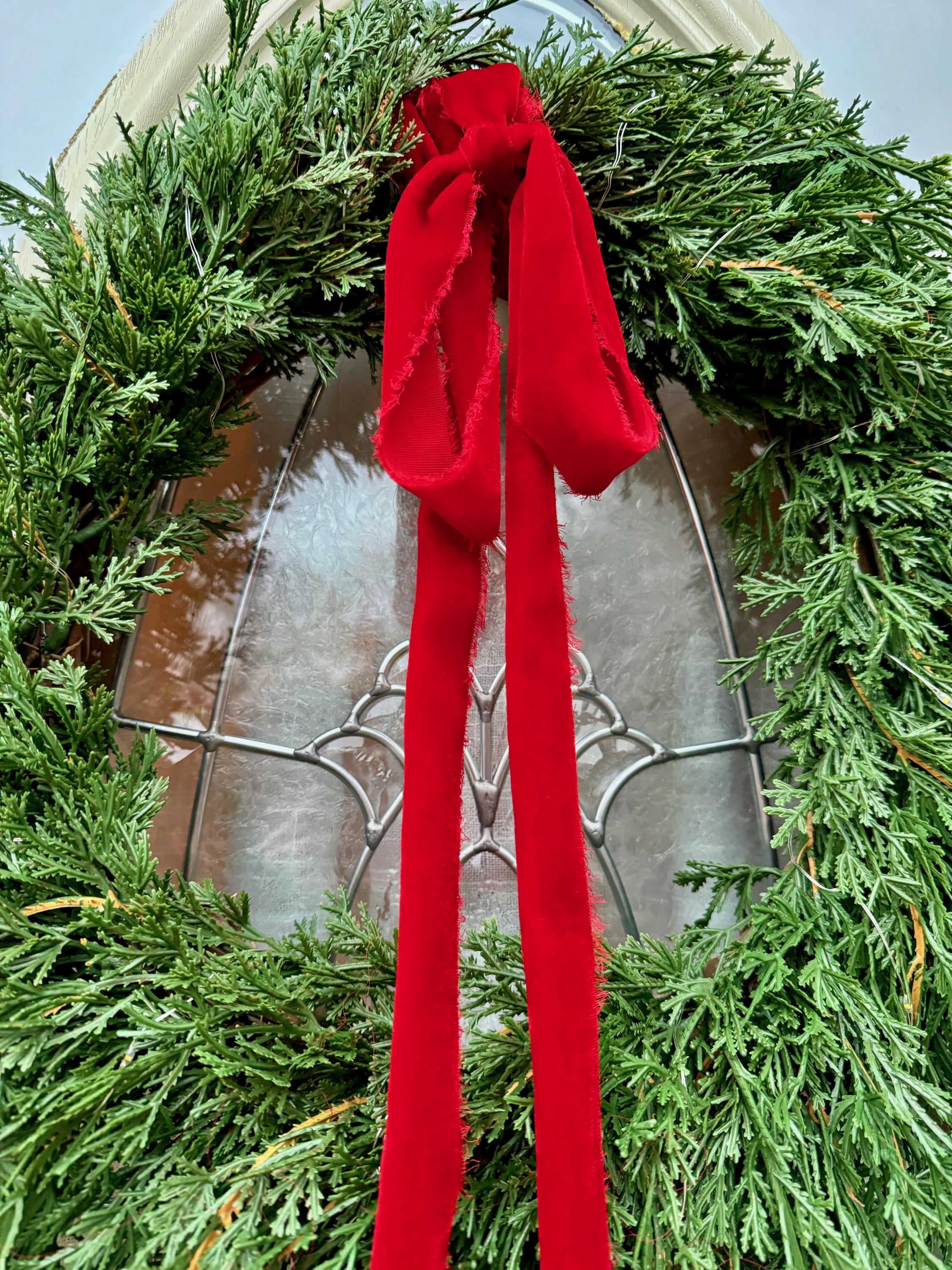 Draping Cedar Wreath With Red Velvet Ribbon & Fairy Lights, Cedar ...