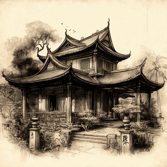 Traditional Chinese House Drawing