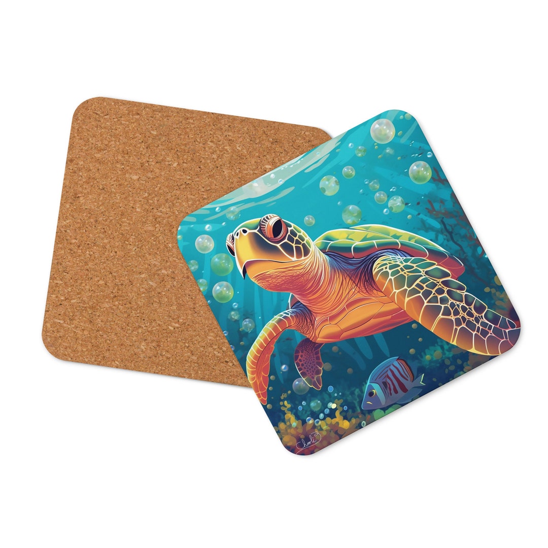 Under the Sea Cork-back Coaster - Sea Turtle and Fish Art - Unique ...