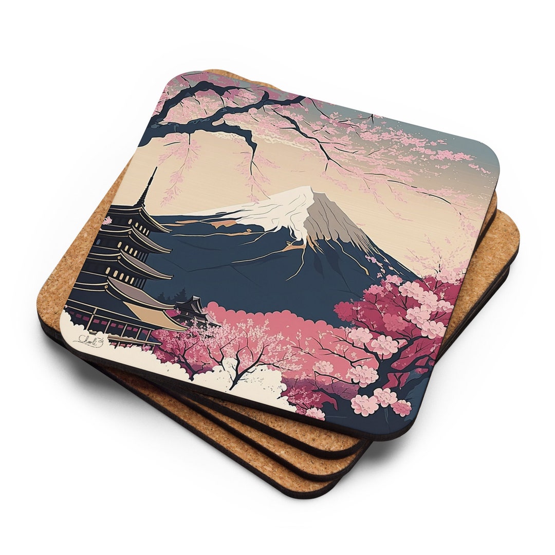 Tranquility Japanese Cherry Blossom Cork Back Coaster Traditional Art ...