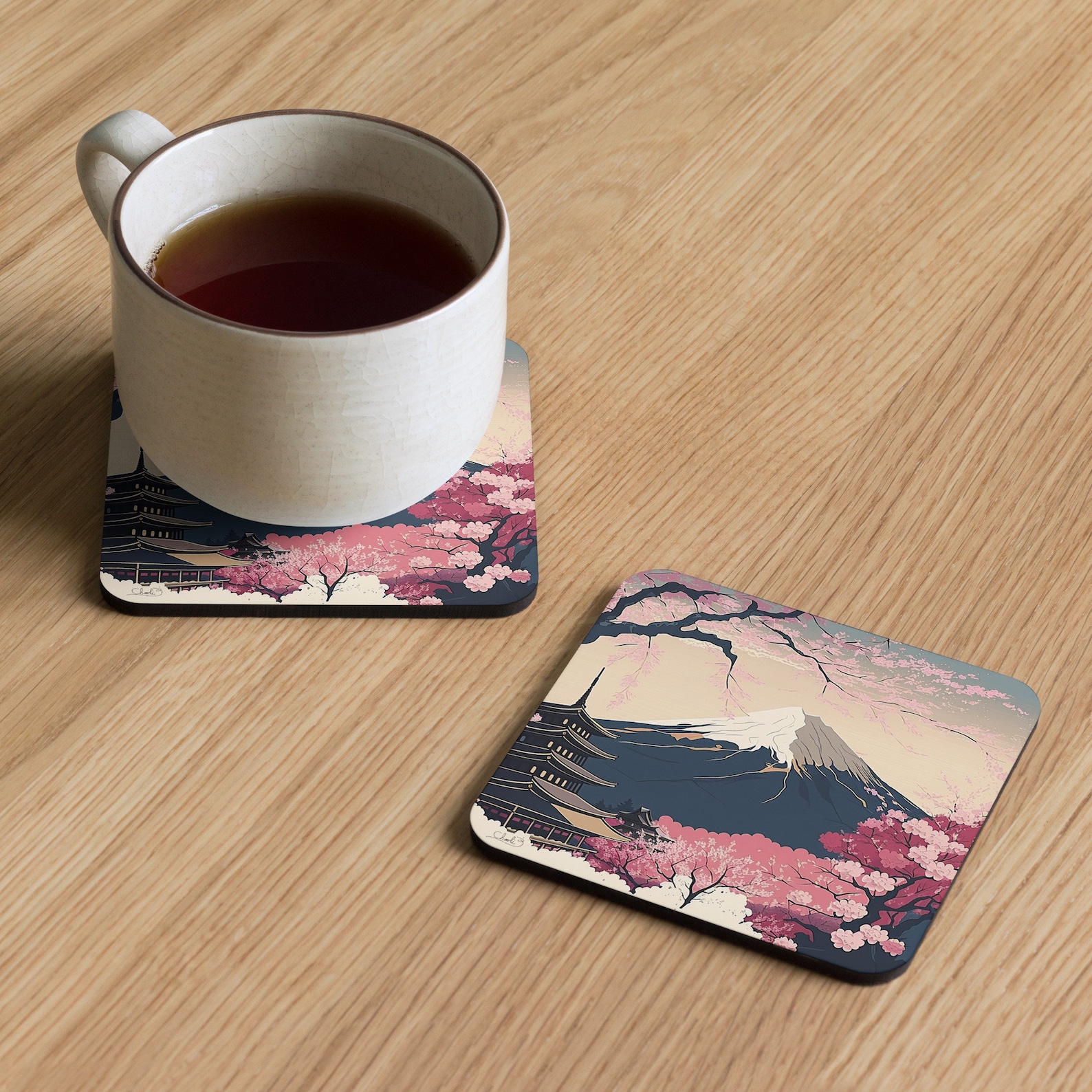 Tranquility Japanese Cherry Blossom Cork Back Coaster - Traditional Art ...