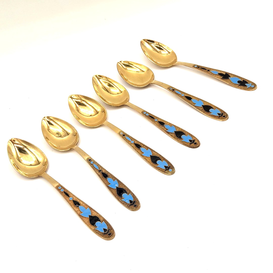 Vintage Silver Hallmarked Teaspoon Set Blue Enamel & Gold Wash 6 Spoons ...