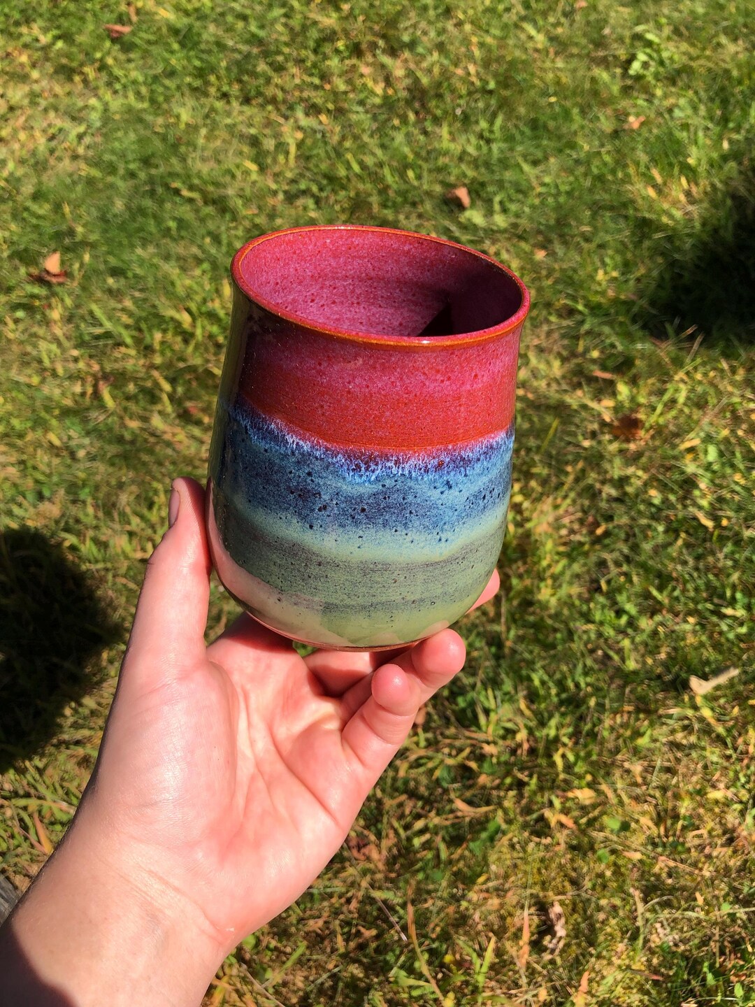 Layered Ceramic Cup Red, Blue, and Green Bright Glazes Stemless Wine ...