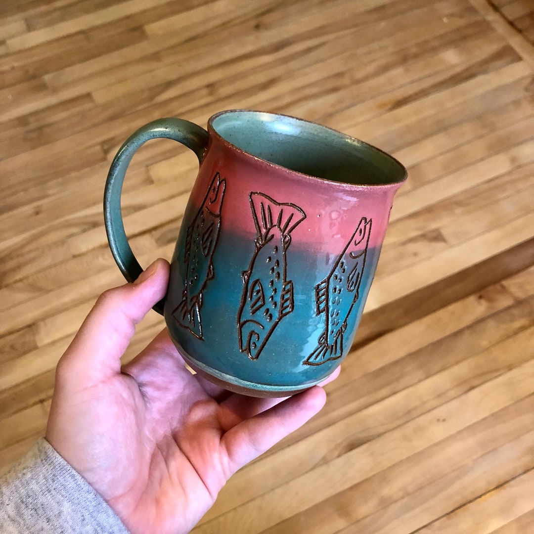 Fish Mug Homemade Mug Handmade Pottery Bright Mug Trout Design - Etsy