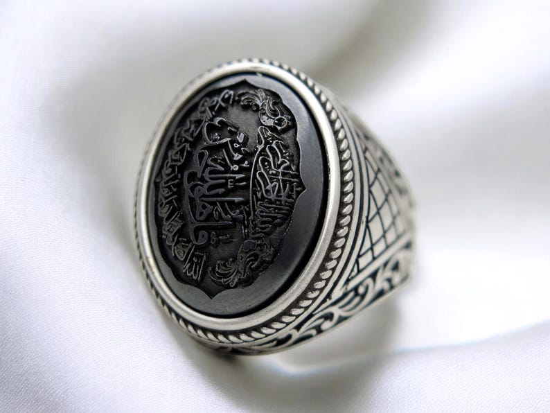 ARBIC ISLAMIC Hematite Hadid Sterling Silver 925 Islamic MAN Ring With ...