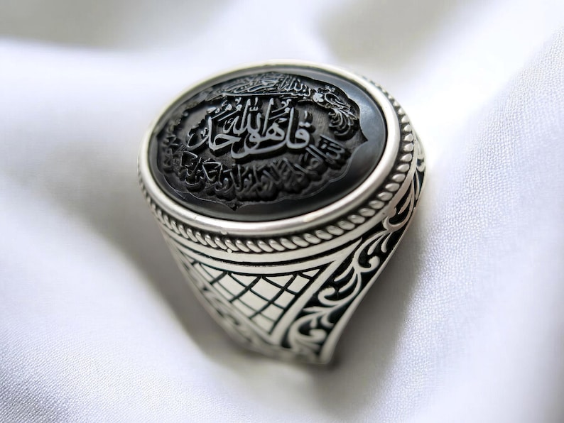 ARBIC ISLAMIC Hematite Hadid Sterling Silver 925 Islamic MAN Ring With ...