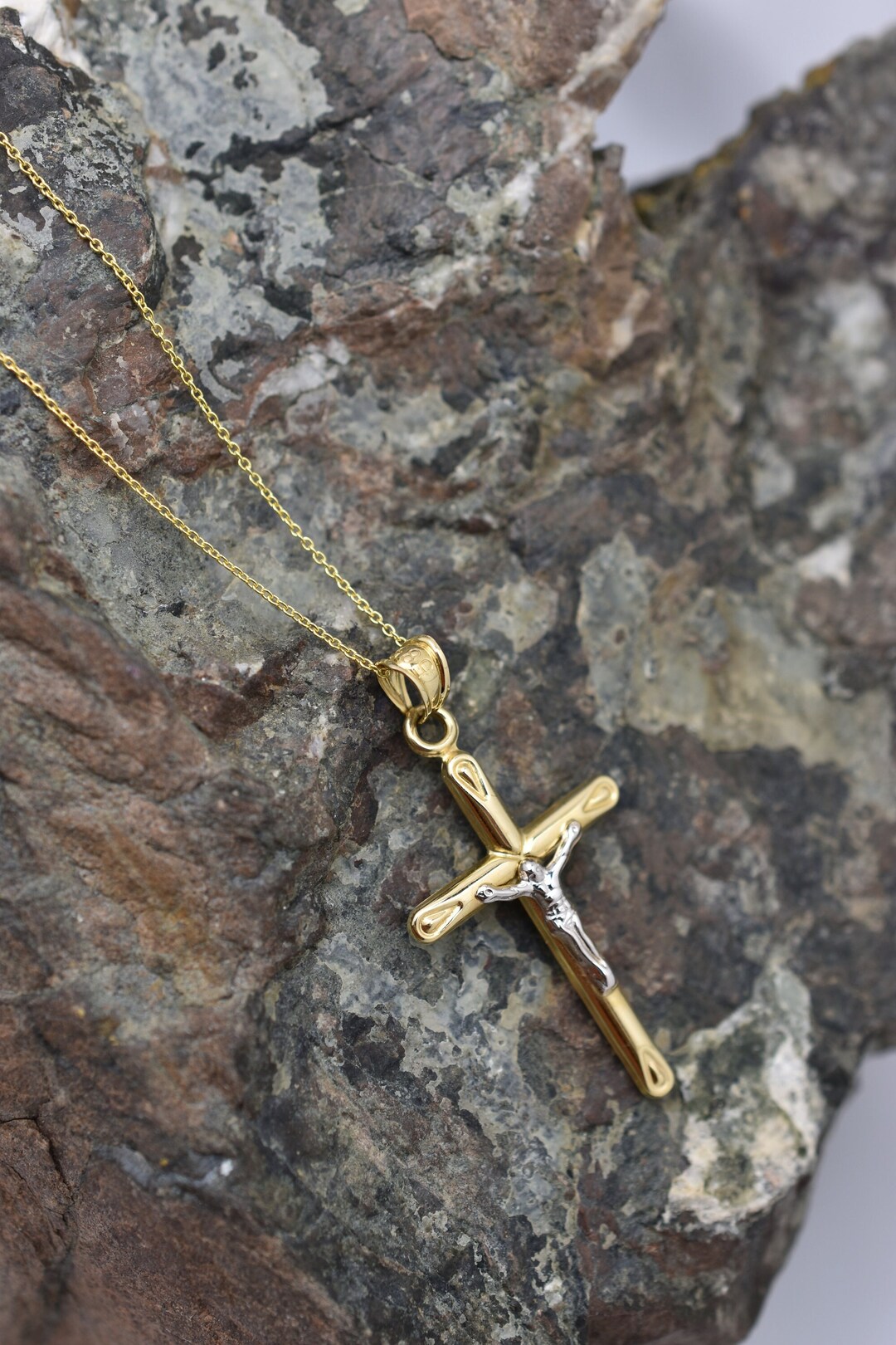 Tiny Jesus Crucifix Cross, 14K Yellowand White Solid Gold, Two Sided ...