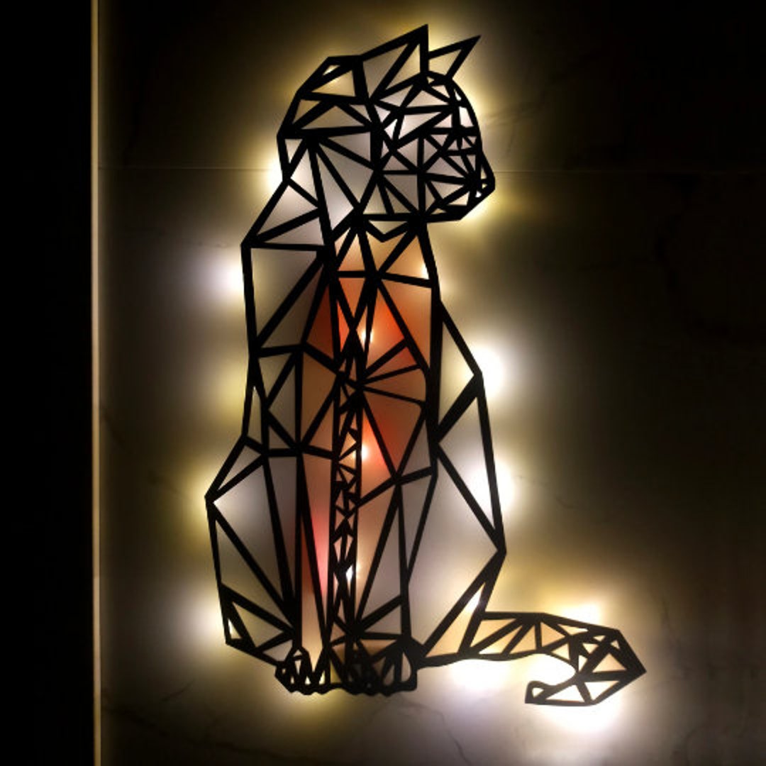Geometric Cat Wall Decor, Sitting Cat, Epoxy Colored Decoration, LED ...