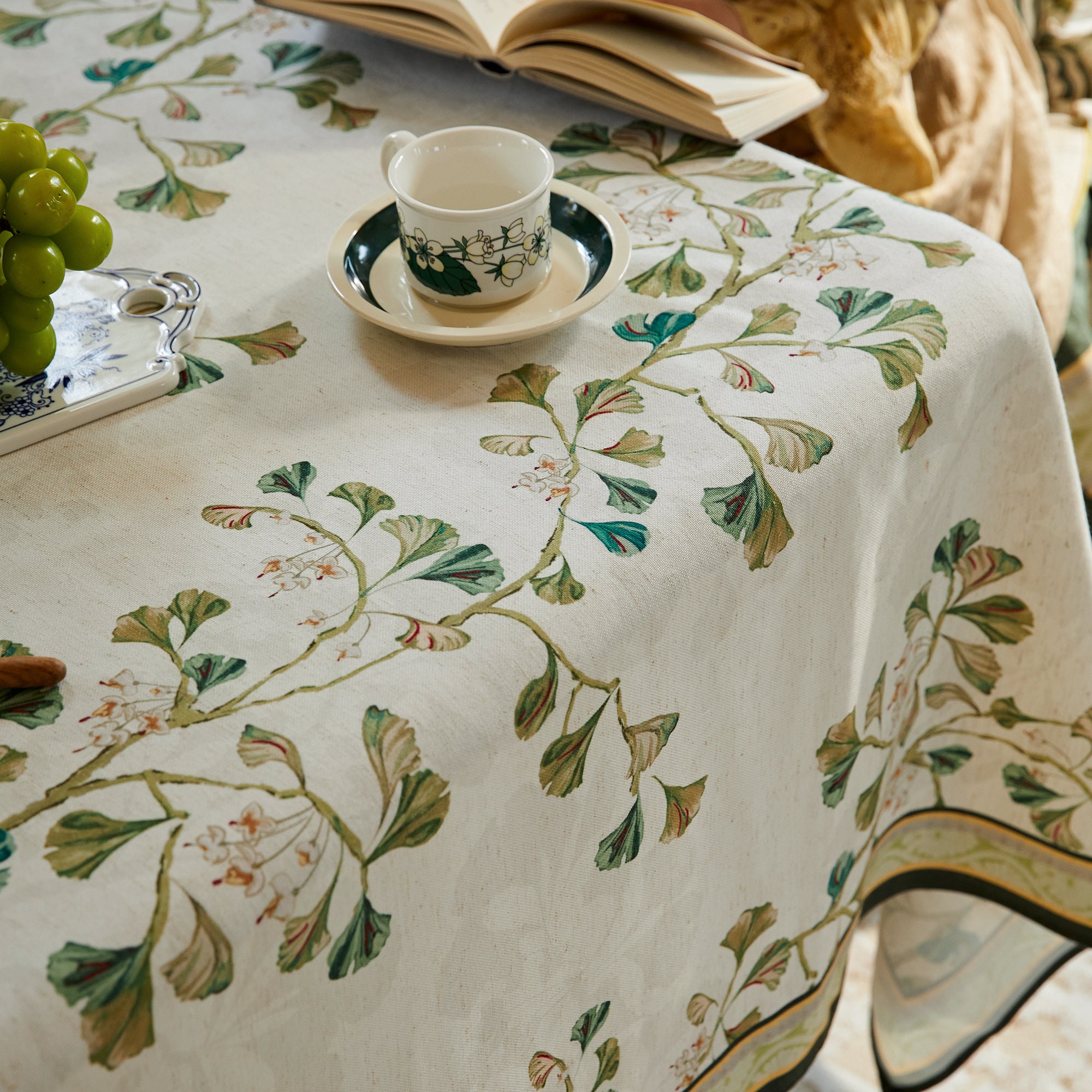 Ginkgo Pattern Tablecloth Linen Waterproof Fabric Table Cover Spring ...