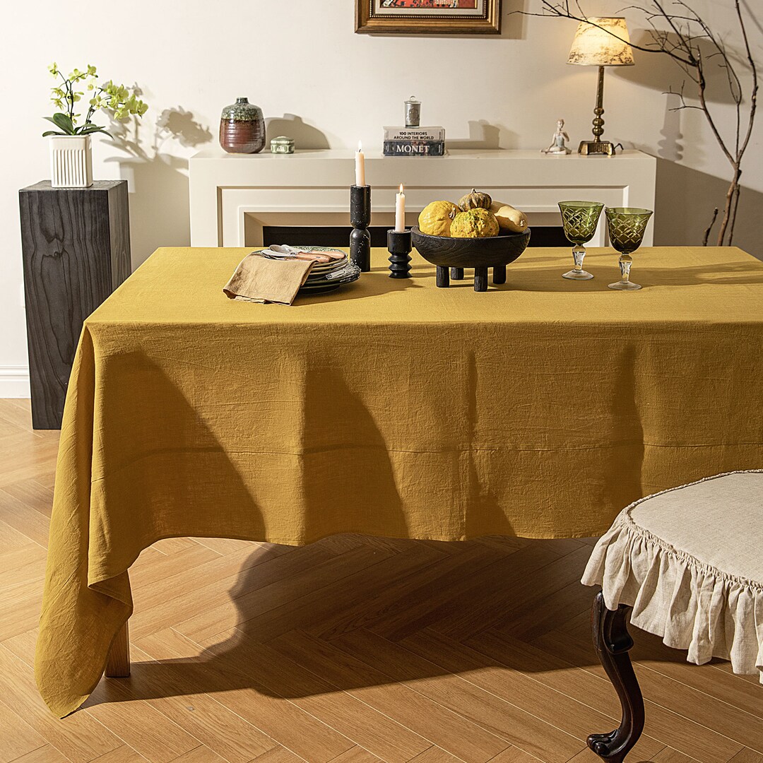Ginger Yellow Organic Linen Tablecloth Table Cover Simple Style Solid ...