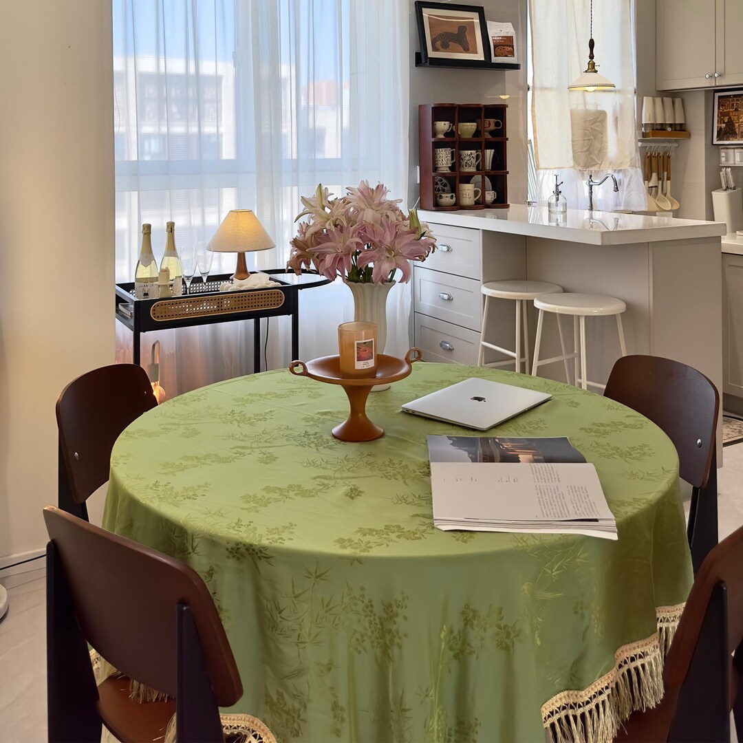 Luxury Green Tablecloth With Bamboo Leaves Pattern, Elegant Jacquard ...