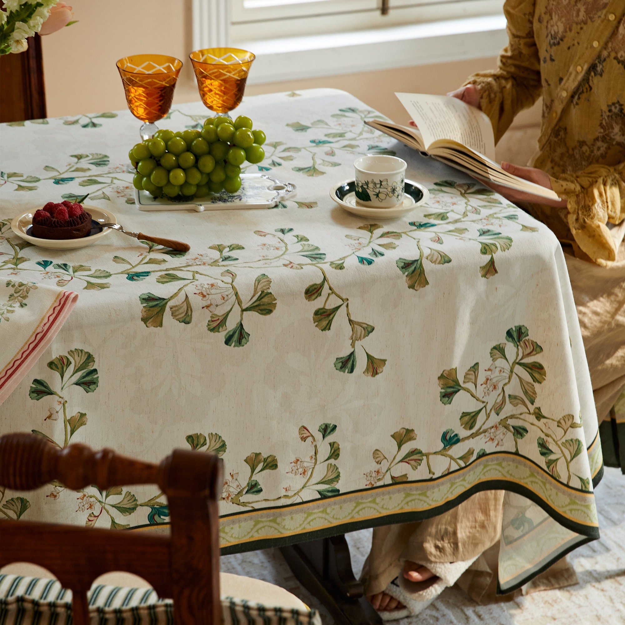 Ginkgo Pattern Tablecloth Linen Waterproof Fabric Table Cover Spring ...