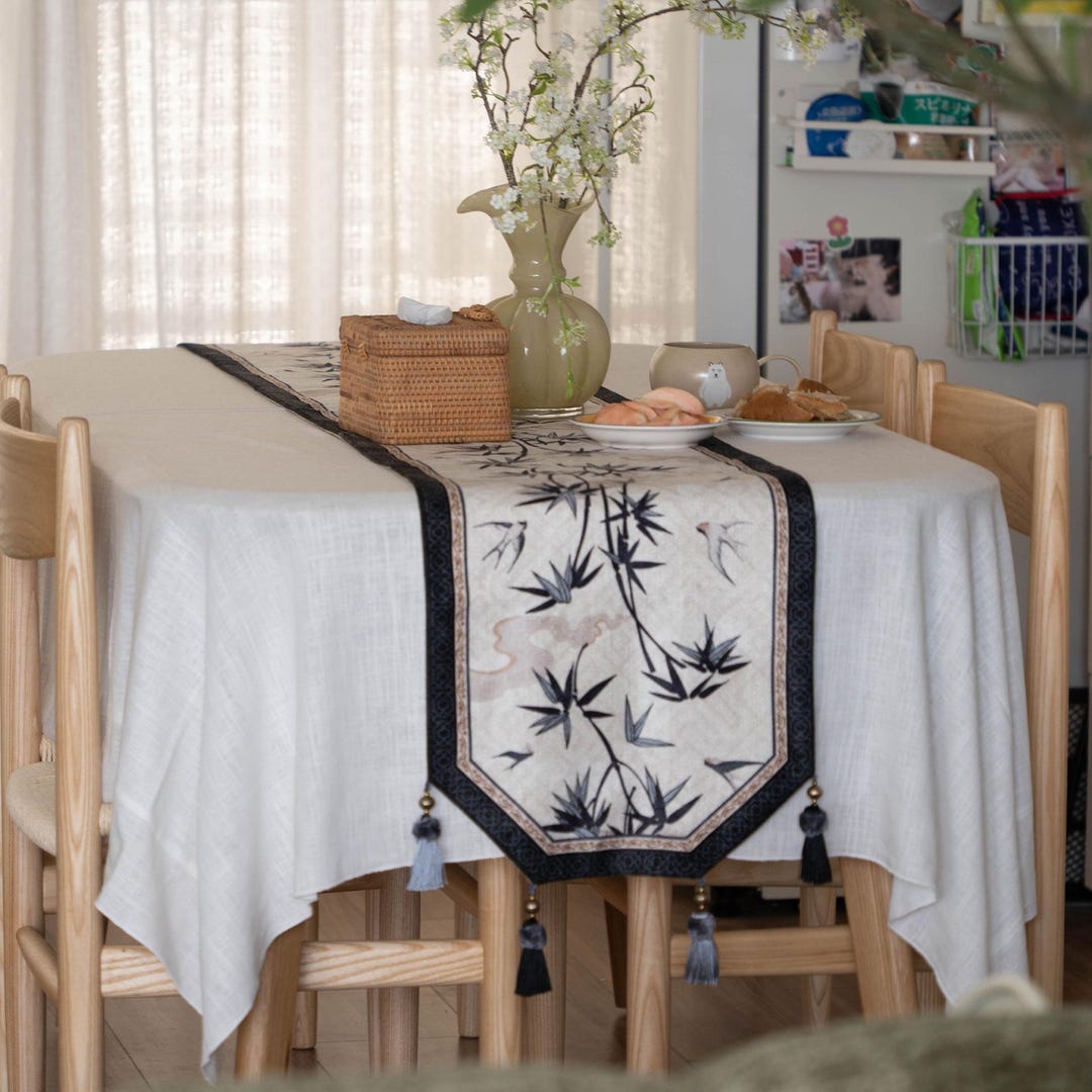 Luxurious Chenille Table Runner, Oriental-inspired Bamboo Leaves Design ...