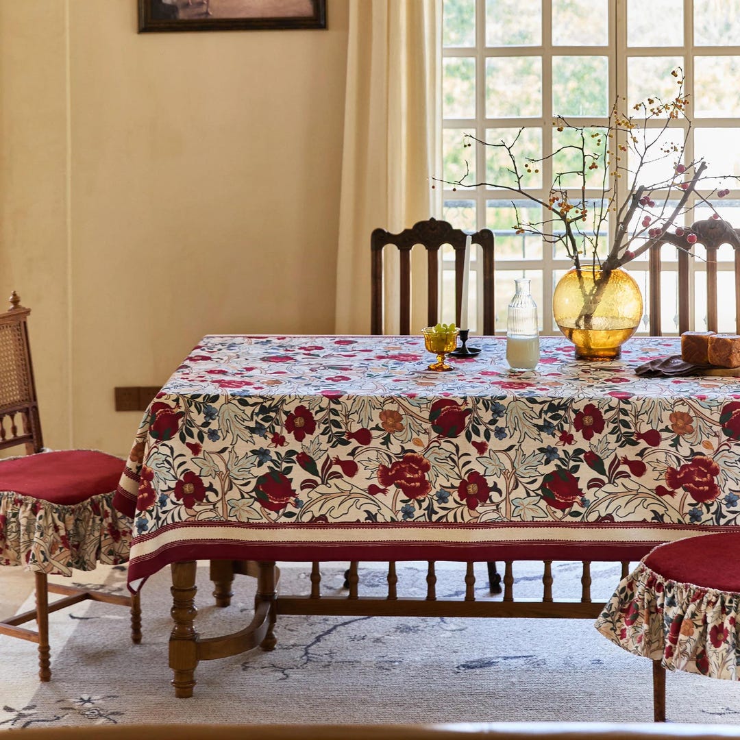 Red Floral Chenille Tablecloth, Retro Floral Pattern Table Linen ...