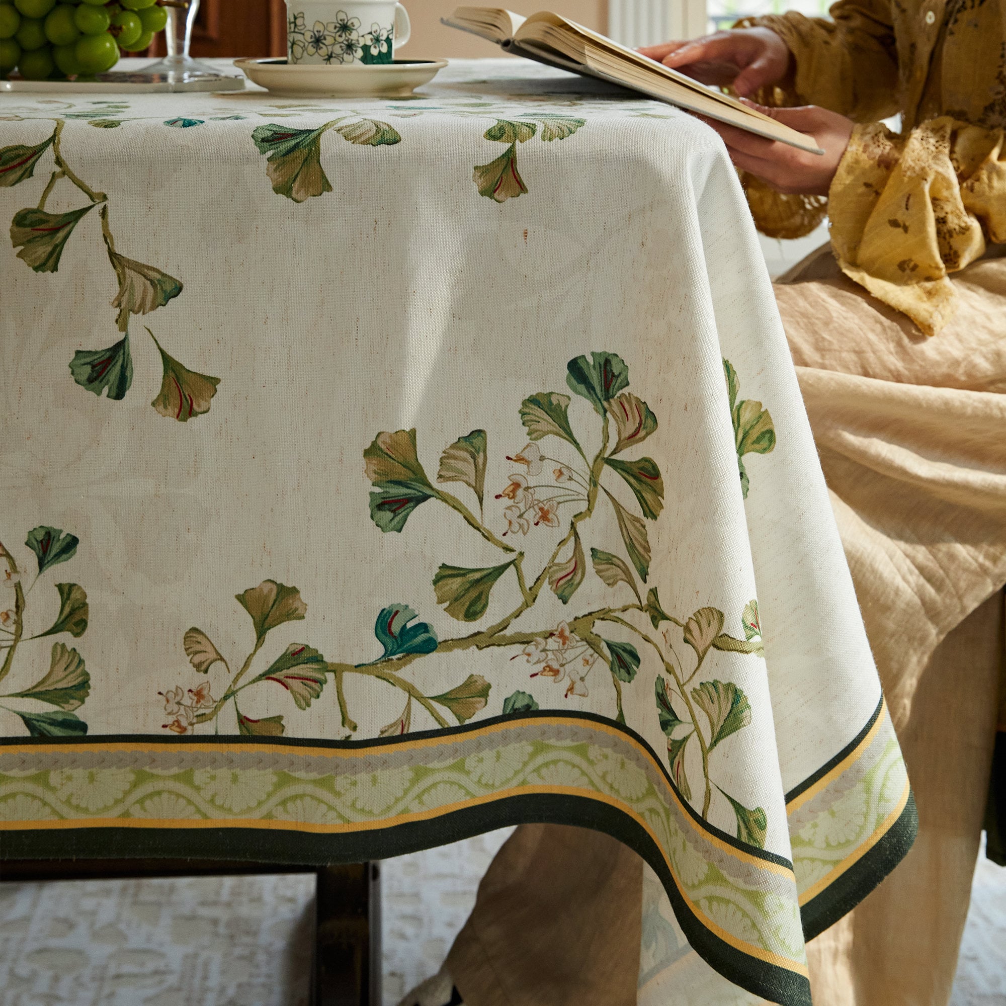 Ginkgo Pattern Tablecloth Linen Waterproof Fabric Table Cover Spring ...