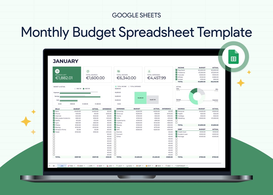 Monthly Budget Spreadsheet Template for Google Sheets - Etsy