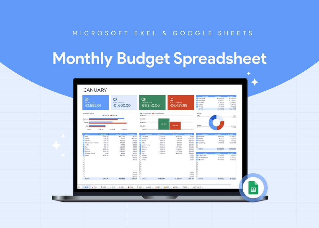 Monthly Budget Spreadsheet Template for Google Sheets Financial Planner ...