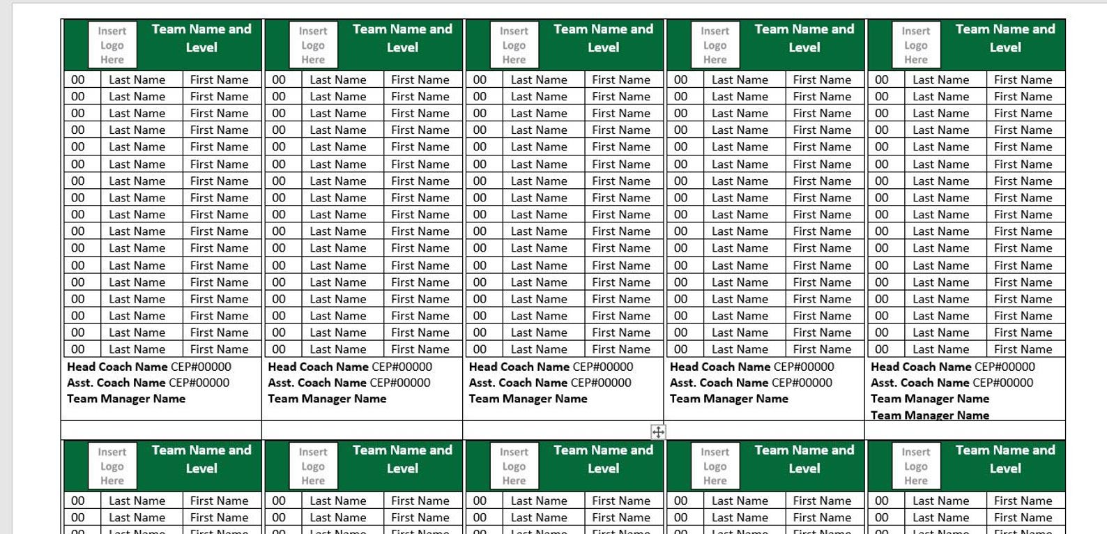 Sports Scoresheet Roster Label Word Template - With GREEN Color Banner ...