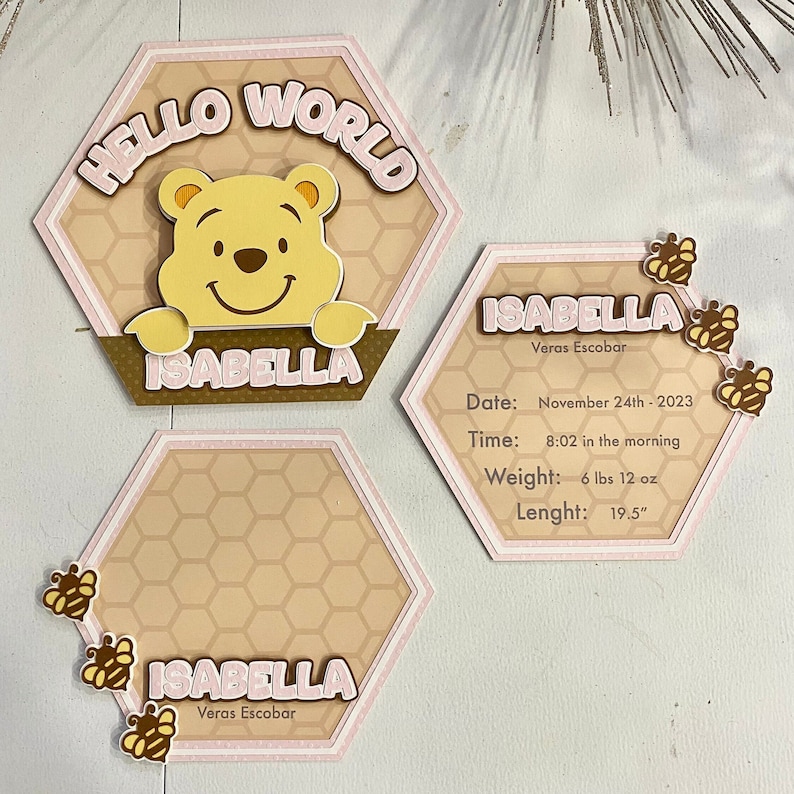 Hello World Sign Winnie the Pooh Baby Announcement Sign With Birth ...