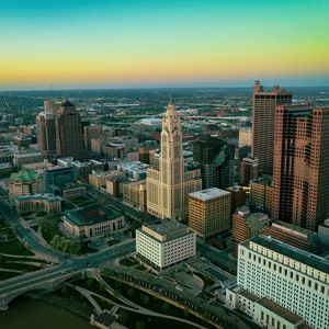 Columbus Ohio Sunrise Aerial Photo – Downtown & Nationwide Arena ...