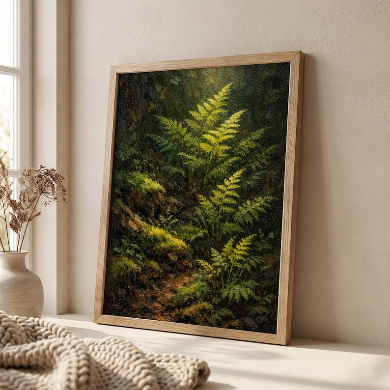 Moody Forest Fern Wall Art Print, Dark Green Botanical Landscape ...