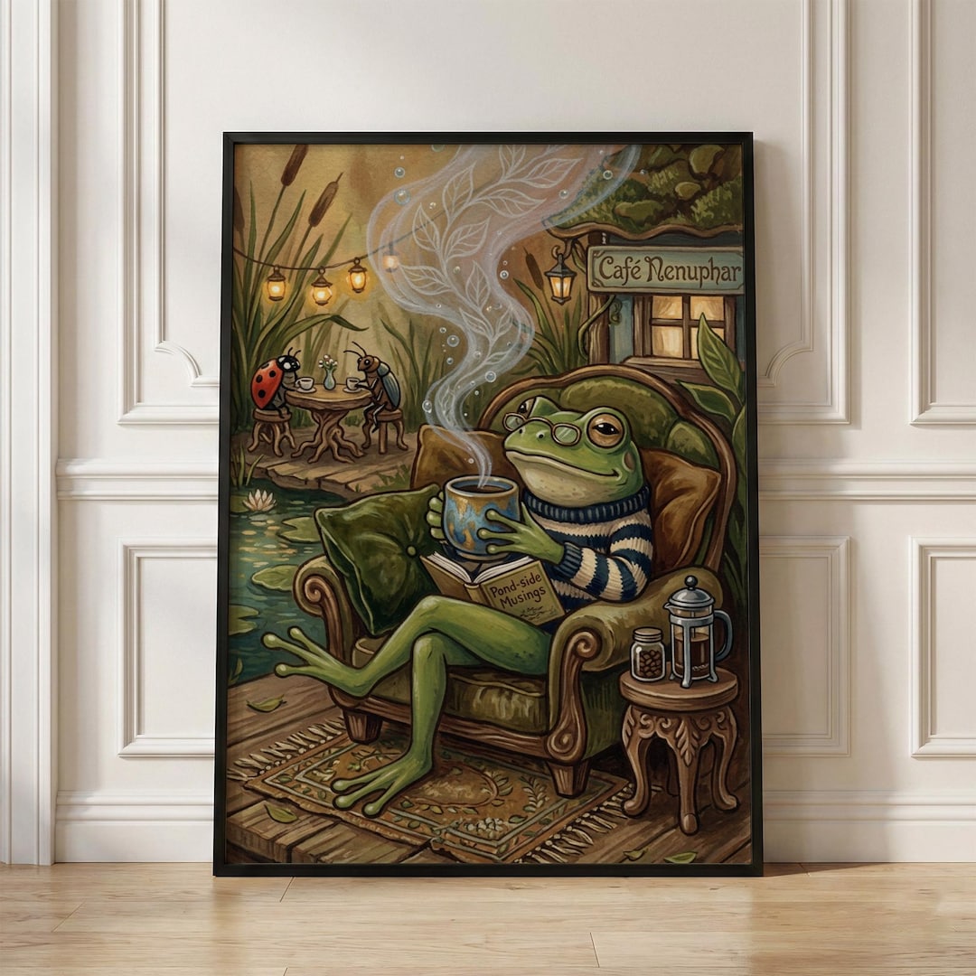 Cozy Frog Coffee Wall Art Print, Whimsical Cafe Illustration ...