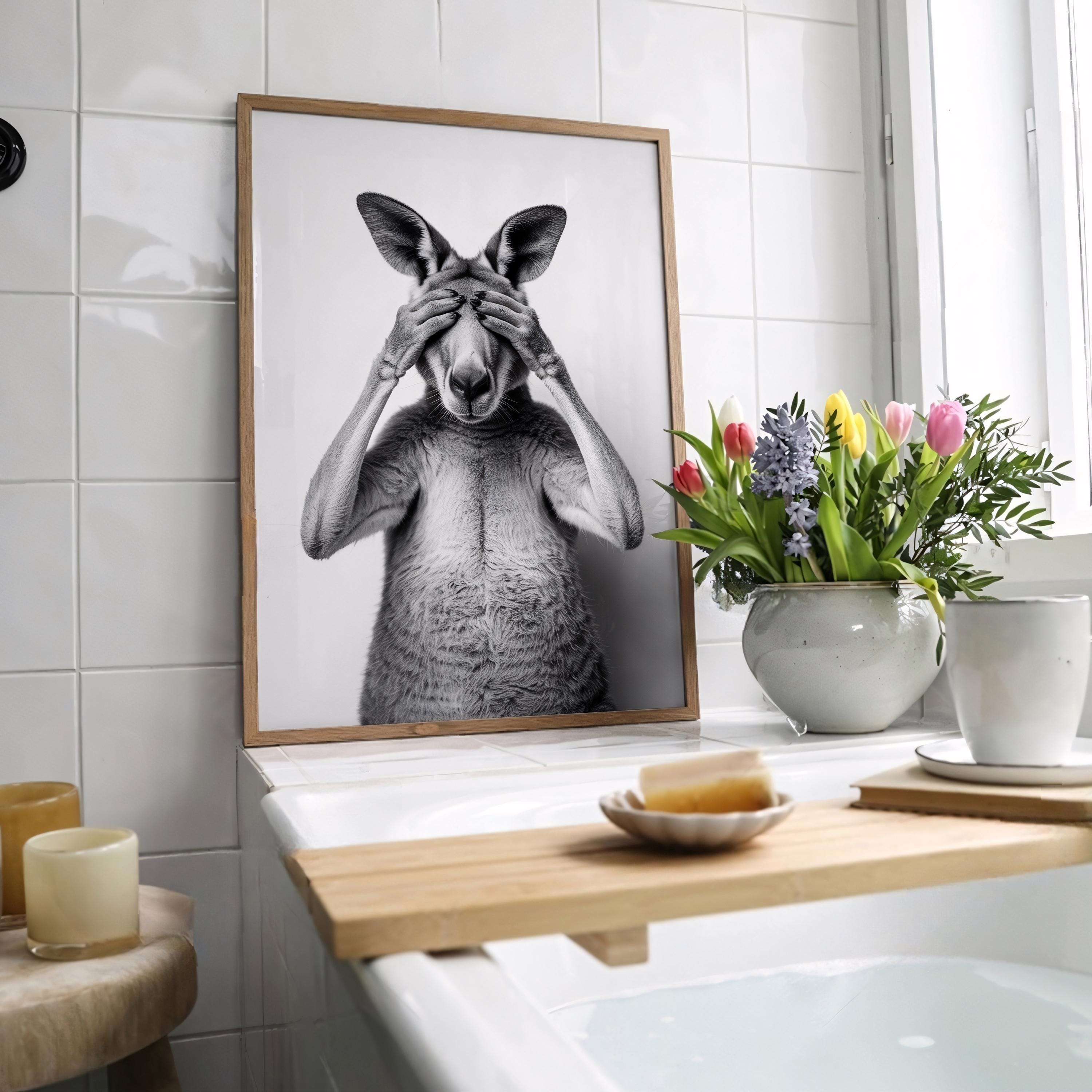 Funny Kangaroo Bathroom Wall Art - Black and White Animal Humor Print ...